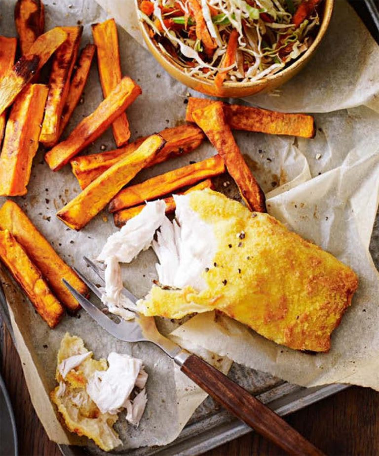 Parmesan and Polenta Fish with Sweet Potato Chips Recipe - Healthy Recipe